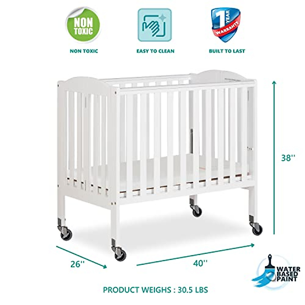 Dream On Me 2-In-1 Portable Folding Stationary Side Crib In White, Greenguard Gold Certified, Two Adjustable Mattress Height Positions,Made Of Solid Pinewood, Flat Folding Crib