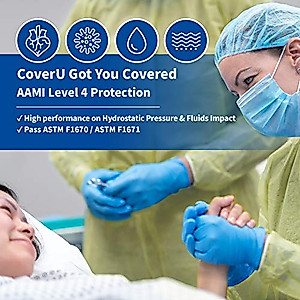 Medtecs Disposable Isolation Gowns - AAMI Level 4 PPSB+PE 36 gsm - 10/100 PC - Seal Tape & Elast Cuffs, Fluid Resistant Durable Comfortable PPE - CoverU Series, Unisex Adult | Yellow, 10 PC