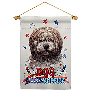 Breeze Decor Patriotic Brindle Tibetan Terrier Garden Flag-Set Wood Dowel Dog Puppy Spoiled Paw Canine Fur Pet Nature Farm Animal Creature House Banner Small Yard Gift Double-Sided, Made in USA