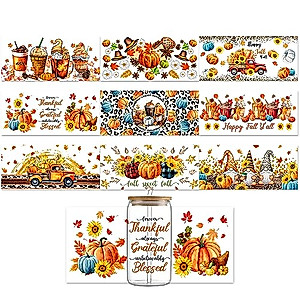 Cysincos 9 Sheets Waterproof Glass Cups UV DTF Transfer Stickers DIY Decals Rub on Transfers for Wood Furniture Craft (Thanksgiving Day-9pcs)