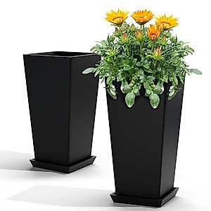 Elevens Tall Planters 20 Inch Tapered Square Planters Garden Flower Pots,Indoor/Outdoor Planter with Tray, Large Planter for Patio Black-2 Pack