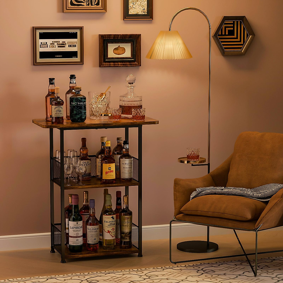 Eyteenokk Floor Standing Freestanding Whiskey Rack: 3 Tier Wine Rack Mini Bar Table Corner Wine Bottle Display Stand Liquor Cabinet Bar, for Bottles,Cocktail Shaker,Mugs
