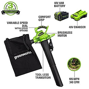 Greenworks 40V (185 MPH) Brushless Cordless Blower/Vacuum, 4.0Ah Battery and Charger Included 24322 with 40V Hedge Trimmer