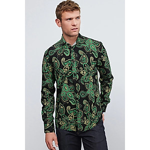 HISDERN Mens Green Paisley Floral Shirt Casual Long Sleeve Vintage Black Flowered Printed Shirts 70s Slim Fit Party Button Down Dress Shirts