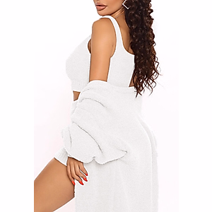 AOHITE Womens Sexy Fuzzy 3 Piece Cardigan Outfits Fleece Warm Crop Top Shorts Pajamas Loungewear Sets White Large