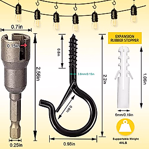 Hooks for Outdoor String Lights, 52 Pack Screw Hooks for Hanging Plants Led Party Lights Garage Wind Chimes, Black Heavy Duty Q Hanger Ceiling Cup Hooks with Safety Buckle, Box and Wing Nut Driver