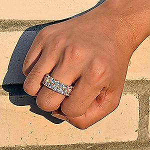 Apzzic 9mm Iced Out 2 Row Cubic Zirconia Diamond Gold Plated Hip Hop Eternity Wedding Band Engagement Ring for Men Women Gold 9