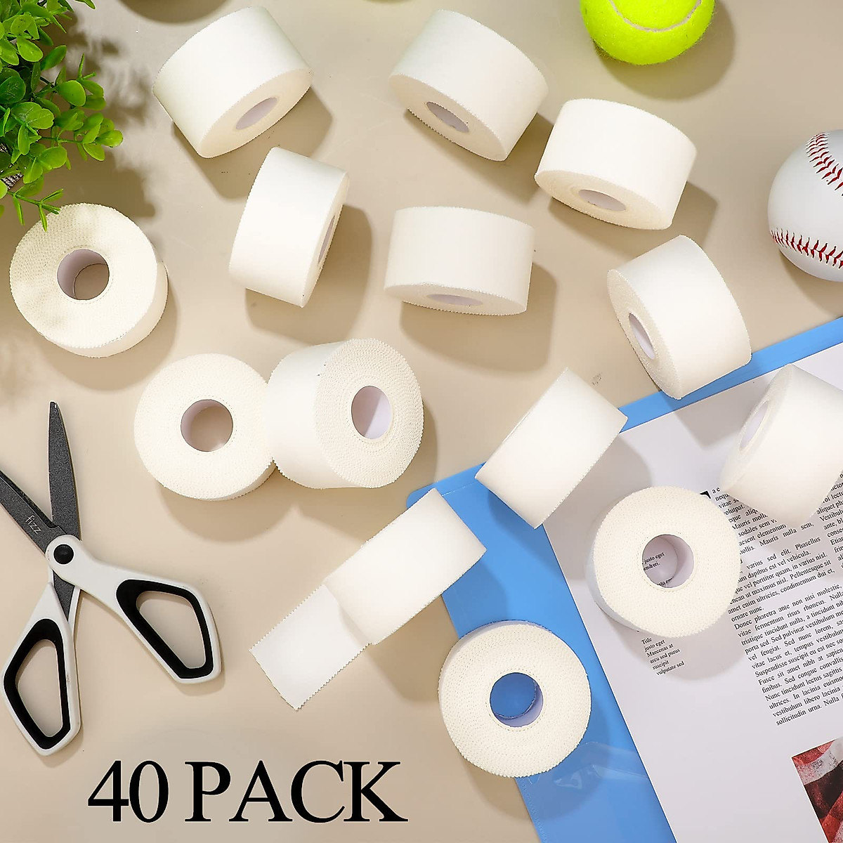 BBTO 40 Rolls Athletic Sport Tape 1.5 Inches x 15 Yards Athletic Bandage Tape Cotton Medical Sports Tape for Athletes Trainers Ankles Wrists Hands and Knees(White)