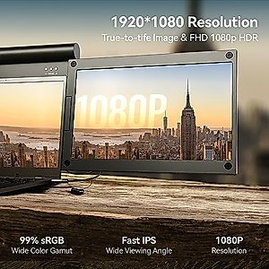 JIJIBONG Laptop Screen Extender 13.3" FHD IPS Triple Monitor Display with USB-A/Type-C Plug-and-Play, Compatible with Windows, Mac and Switch, Fits 11.6”-15” Laptops