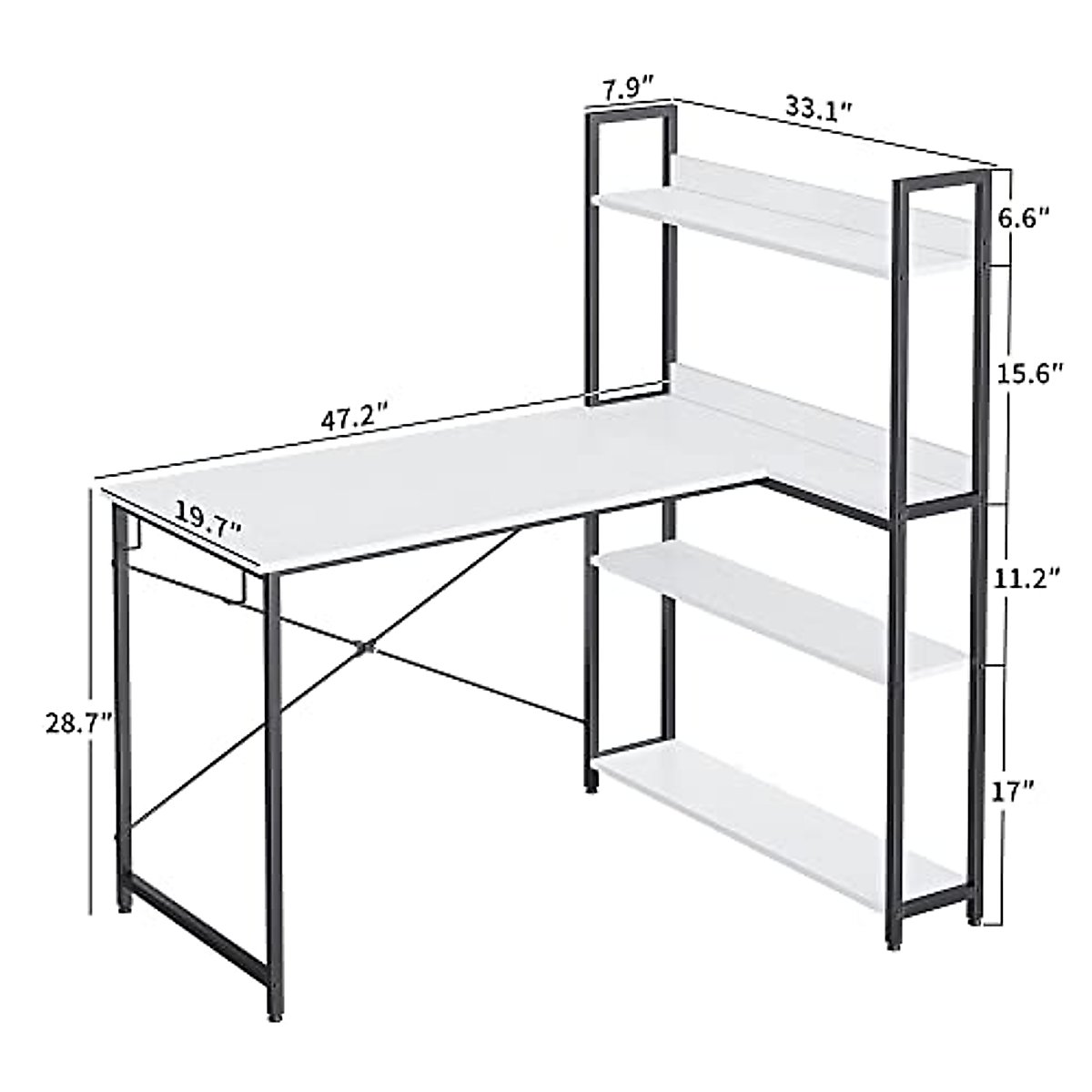CubiCubi Computer Corner Desk with Storage Shelves, 47 Inch Small L Shaped Computer Desk, Home Office Writing Desk with 2 Hooks, White