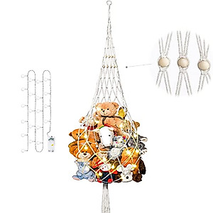 AceList Stuffed Animal Storage with Led Light - Boho Stuffed Animal Hammock Corner Toy Hammock for Stuffed Animals - Macrame Stuffed Animal Net or Hammock for Kids Space Nursery Bedroom Wall Playroom