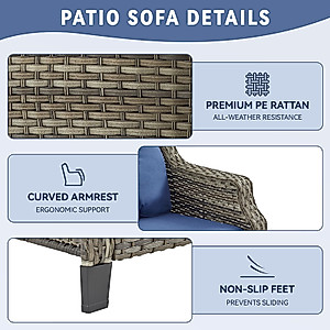 Bellefurn Patio Sofa Couch Outdoor Wicker Sofa PE Rattan 3-Seat Couch with Curved Armest Water Resistant Cushions for Garden Balcony Sunroom Poolside, Grey Wicker|Blue Cushions, Sofa(1PC)