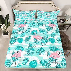 Manfei Flamingo Kids Sheet Queen Size,Palm Leaves Tropical Plants Bedding Set,Girls Boys Adults Bedroom Decor,Cartoon Animals Stripes Pink Romantic Bed Sheet Set 4pcs(Fitted + Flat + 2 Pillowcases)