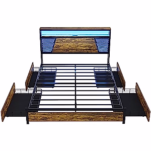 ADORNEVE LED Queen Bed Frame with Storage Headboard, Metal Platform Bed with Charging Station, Bed Frame with 4 Drawers, Storage Shelves, No Box Spring Needed,Noise-Free,Vintage Brown