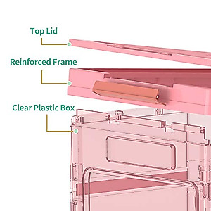 Apsan Collapsible Storage Bins with Lids for organizing, Stackable Clear Latch Storage Box with Handle, Folding Plastic Containers, Pink