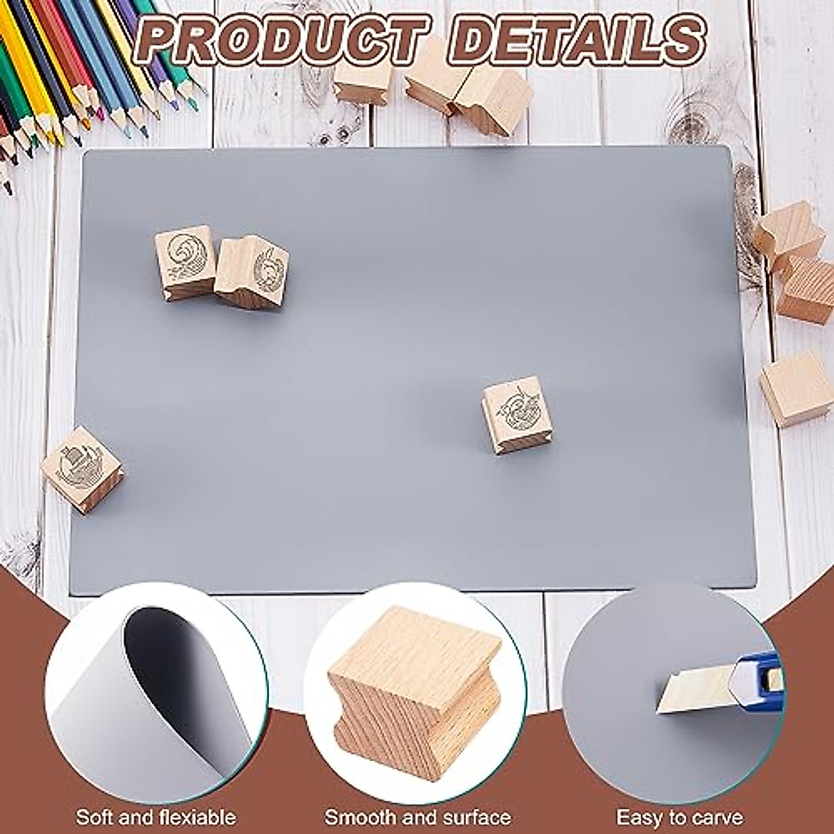 Sasylvia 10 Pcs Blank Hard Wood Rubber Stamp Mounts with A4 Size Grey Rubber Stamp Sheet Laser Engraver Accessories Rubber Stamp Carving Tools Soft Rubber Mat Carving Blocks (Gray, 1 x 1 Inch)