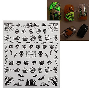 JMEOWIO 9 Sheets Halloween Nail Art Stickers Decals Self-Adhesive Pegatinas Uñas Skull Ghost Spider Web Bat Nail Supplies Nail Art Design Decoration Accessories
