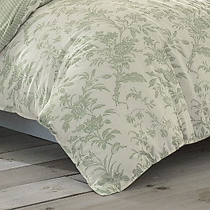 Laura Ashley Home - Queen Duvet Cover Set, Reversible Cotton Bedding, Includes Matching Shams with Bonus Euro Shams & Throw Pillows (Natalie Green, Queen)