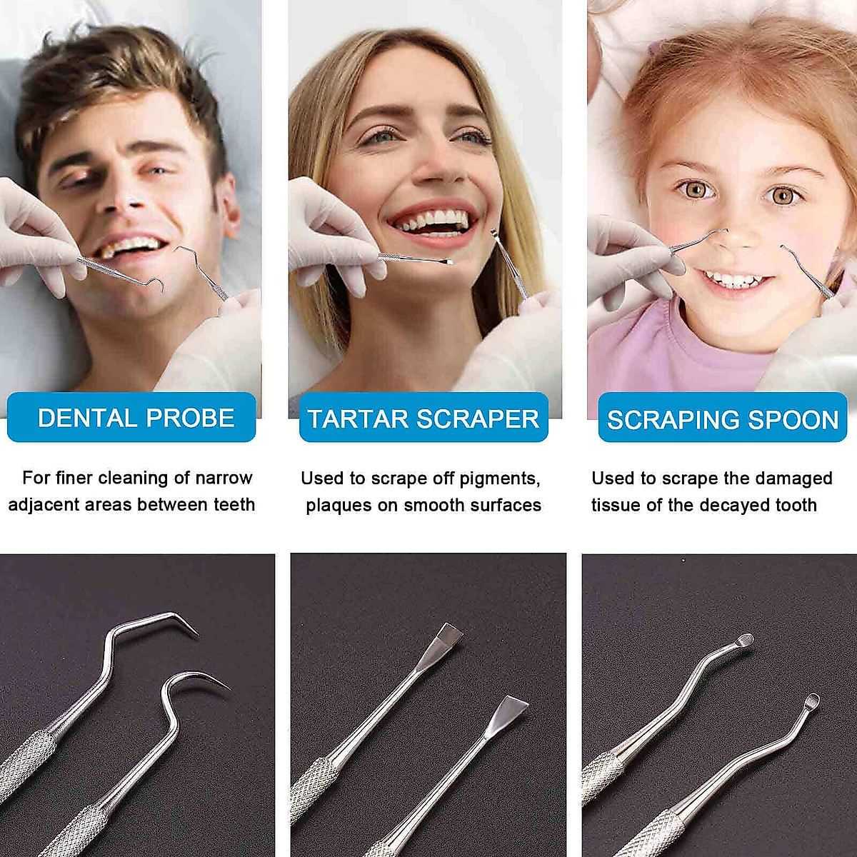 3Pcs Dental Tools, 100% Surgical 304 Stainless Steel Dental Pick, Professional Teeth Cleaning Kit for Home Use, Tartar Plaque Remover for Teeth Dentist Tools, Dental Scaler- with Traveling Case