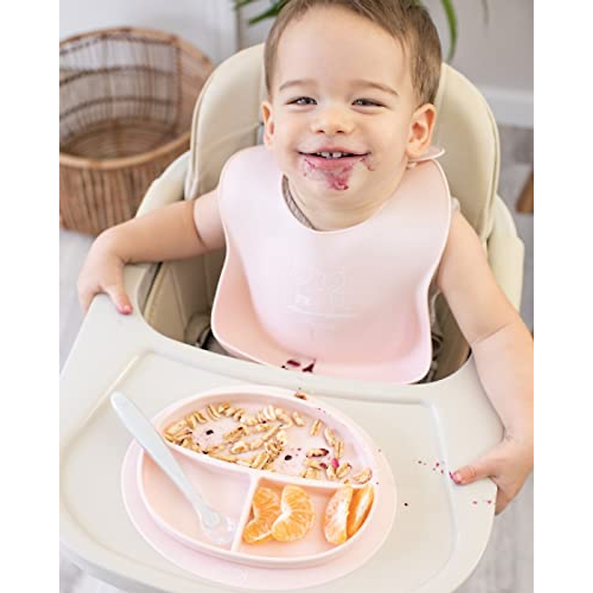 Kcuina Silicone Baby Feeding Set - Suction Plate, Bowl with Lid, Baby Spoons, and Bibs. First Stage Self-Feeding Utensils Set. Food Grade Silicone. BPA Free.