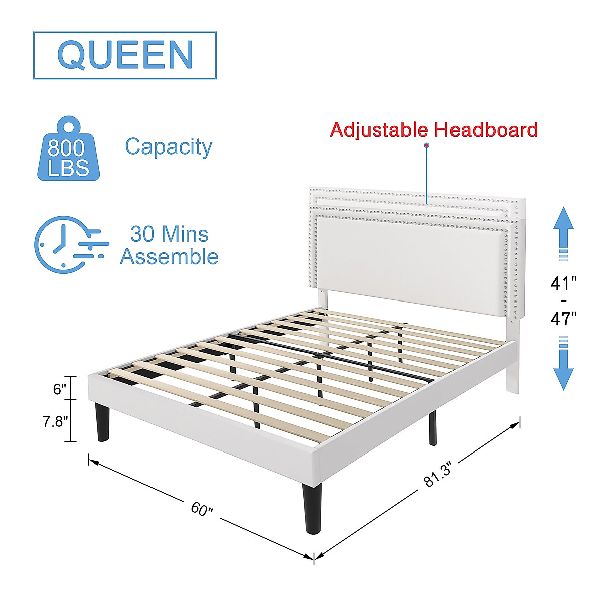 VECELO Queen Size Platform Bed Frame with Height Adjustable Upholstered Headboard, Modern Mattress Foundation,Strong Wood Slat Support, No Box Spring Needed, Easy Assembly