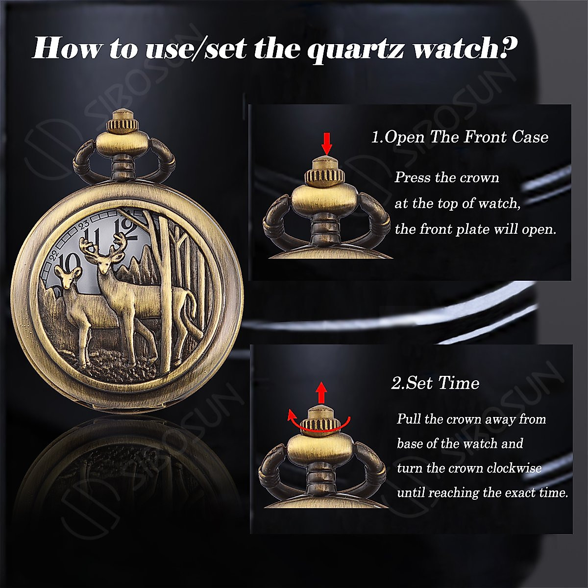 SIBOSUN Pocket Watch with Chain Deer Reindeer Woodland Men Smooth Back Case Bronze Vintage Box Quartz