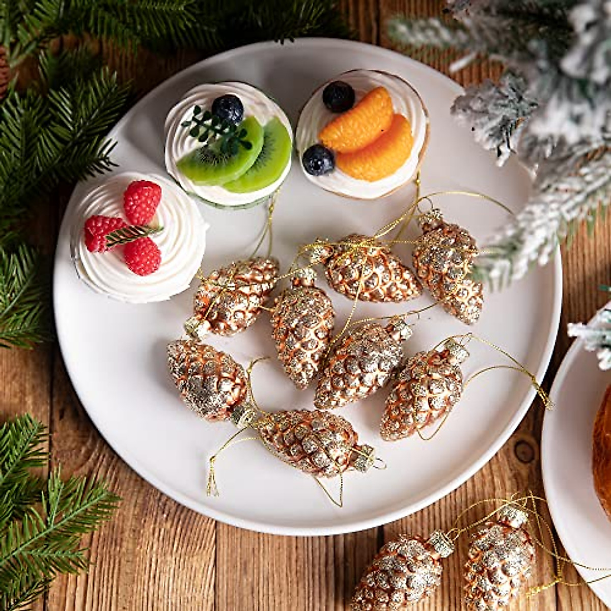 Watayo 12 Pcs Christmas Pinecone Glass Ornaments- Fall Hanging Pine Cone Painted Glass Ornaments- Glitter Pinecone Christmas Ornament for Xmas Tree DIY Crafts Fall Thanksgiving Day Decoration