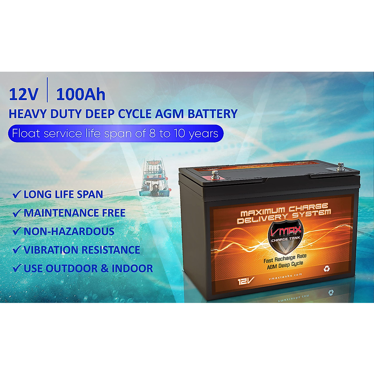 Qty 2 VMAX MR127-100, Two Group 27 12 Volt 100Ah AGM Deep Cycle Marine batteries compatible with 24 Volt trolling motors, 24V 100Ah AGM Battery Kit