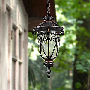 European Outdoor Ceiling Light Hanging Bronze Lantern Brown 16.1" Champagne Hammered Glass Damp Rated Pendant Lights Aluminum Outside for Exterior House Porch Patio Deck Garage Front Door Garden Home