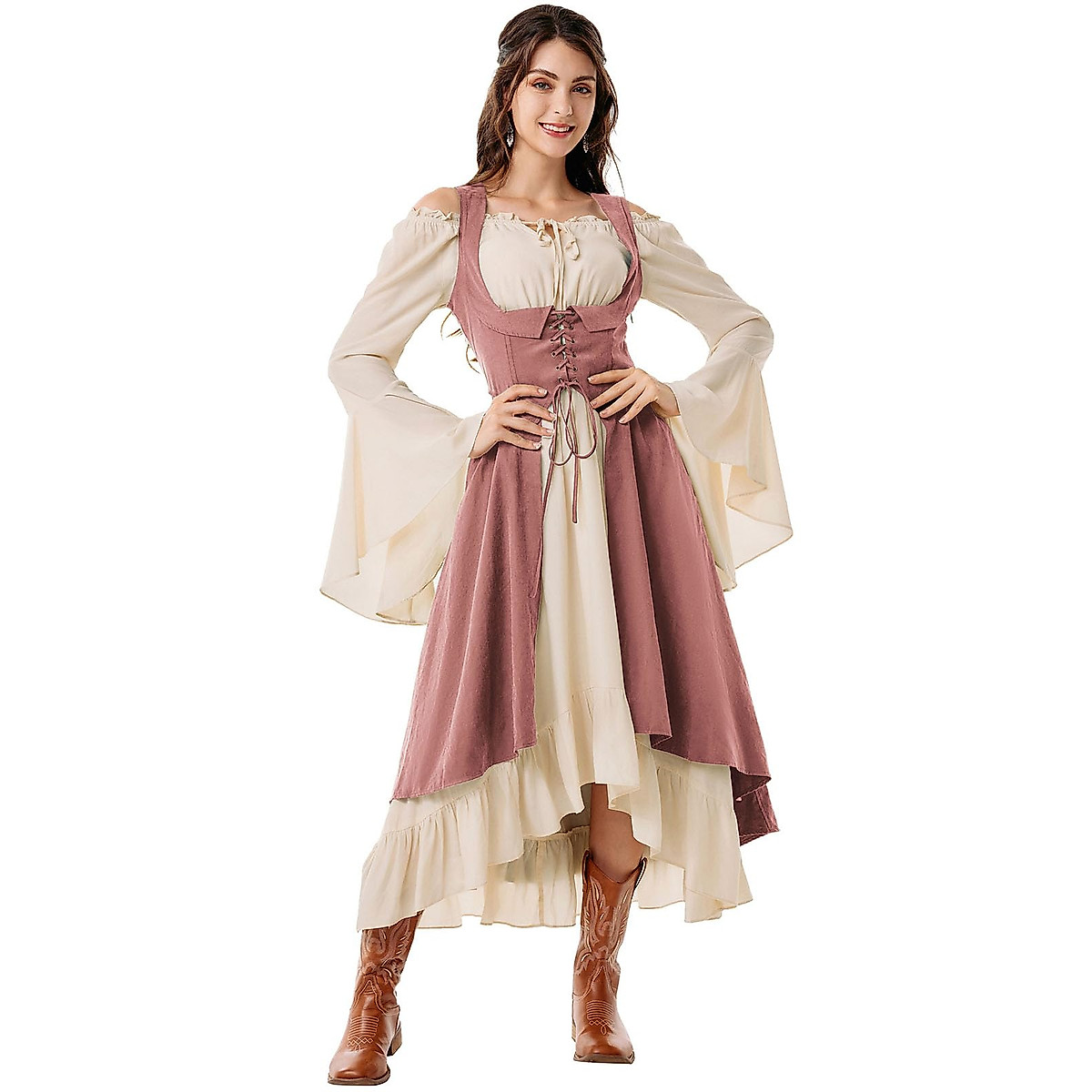 Scarlet Darkness Renaissance Dress Women Costume Medieval Pirate Peasant Underbust Dress Dusty Rose L