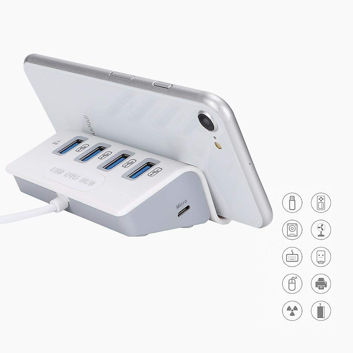 4-Port USB2.0 Hub with Phone Holder, Charge Your Phone When Play, Extend Cable for PC, Laptop, Tablet and More