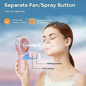HandFan 5200mAh Handheld Misting Fan with Portable Charger, 34ml Water Tank, Rechargeable Personal Mister Fan, Spray Water Mist Fan, Electric Mini Hand Fans for Beach Travel Outdoors(Pink)