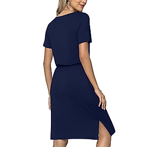 Anydoll Women's Casual Tshirt Dress Summer Work Knee Length Dresses with Pocket Navy Blue X-Large