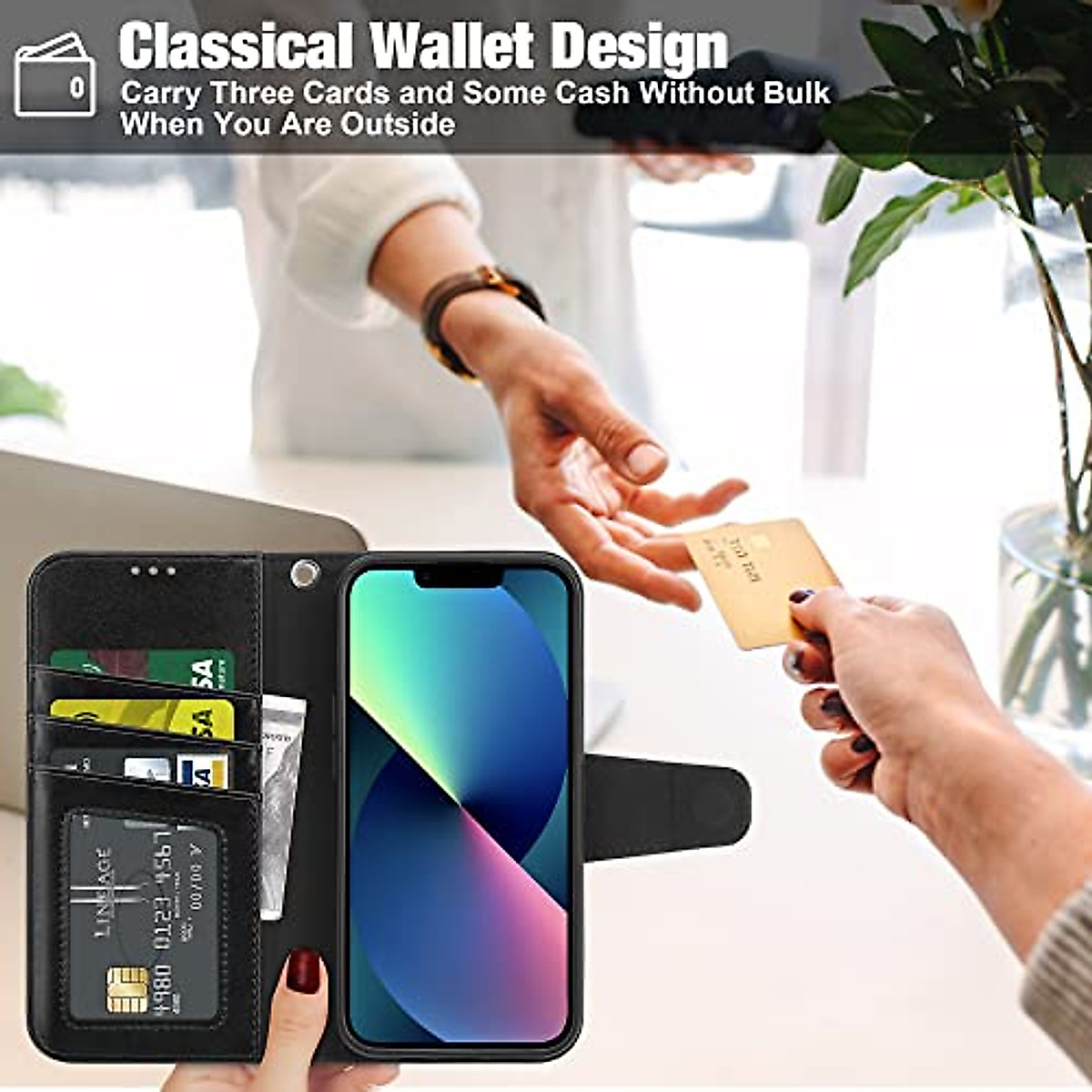 Lugege Compatible with iPhone 13 Case Wallet Flip Folio Case [Kickstand] with RFID Blocking Card Holders [Shockproof] and Wrist Strap Phone Cover Black