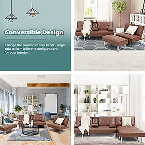 FANCUF 3-Piece Sectional Sofa Set Convertible Futon W/Single Sofa&Ottoman