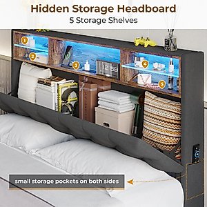 ADORNEVE Queen Floating Bed Frame with Storage Headboard and RGB LED Lights, Linen Upholstered Platform Floating Bed with USB-C/A Charging Station,Innovative Stable Structure,Dark Gray