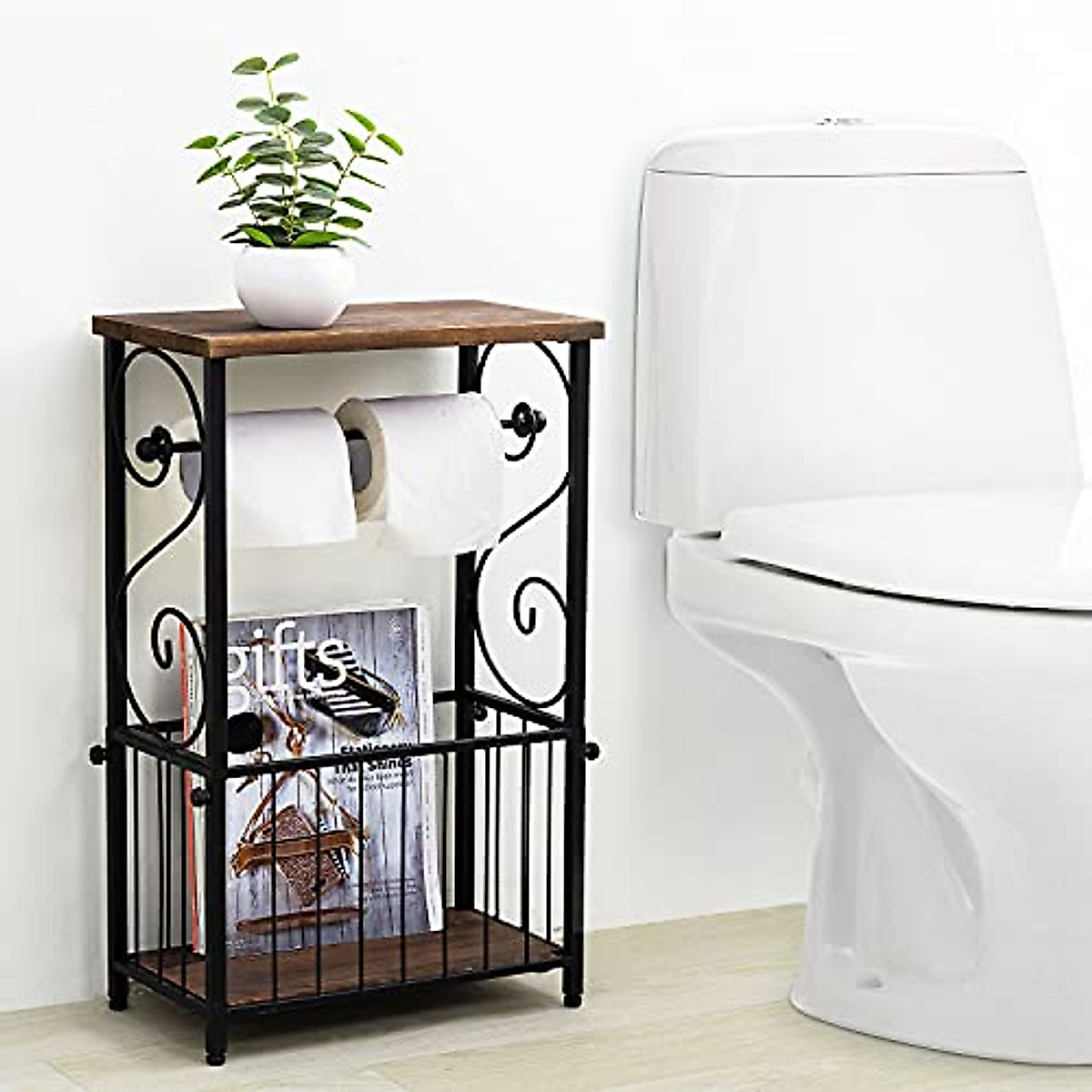 MyGift Freestanding Rustic Burnt Wood Toilet Paper Stand with Display Shelf and Matte Black Metal Scrollwork Magazine Basket, Holds up to 2 Toilet Paper Rolls