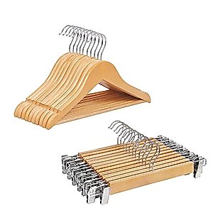 SONGMICS Kid’s Coat Hangers and Pants Hangers Bundle, 20-Pack Solid Wood Hangers with Shoulder Notches, 12-Pack Pants Hangers with Adjustable Clips, Natural UCRW06NL and UCRW008-12