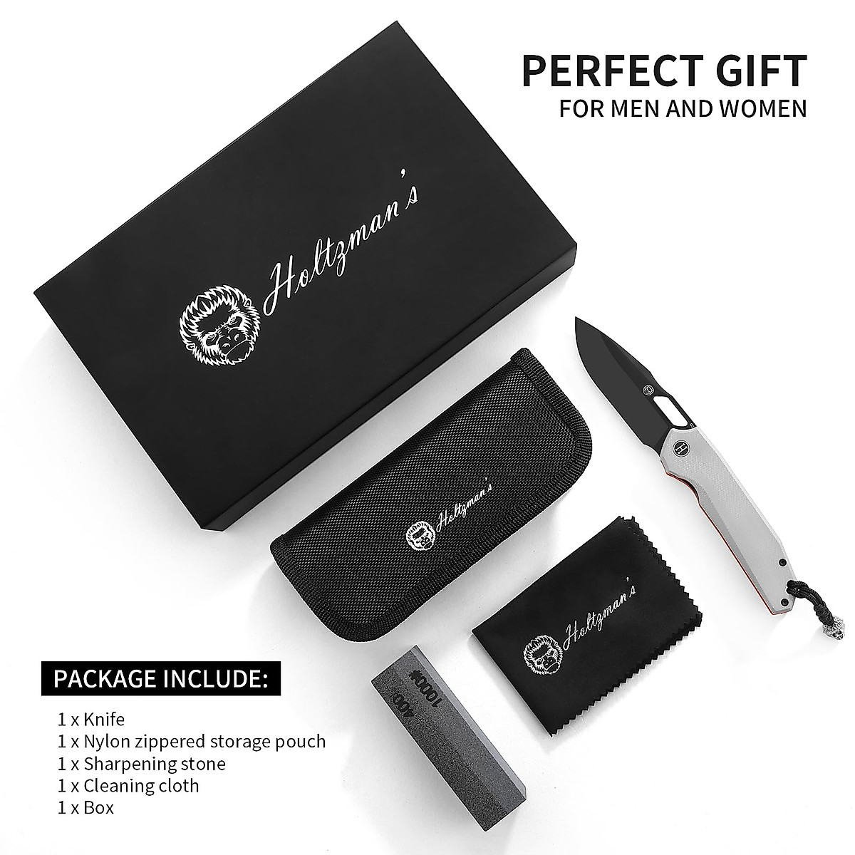 Holtzman's Gorilla Survival Mens Folding Pocket Knife Set D2 Steel Blade G10 Handle Pocket Knife EDC Gift set for Men (black blade+dark grey/ed liner G10 handle)