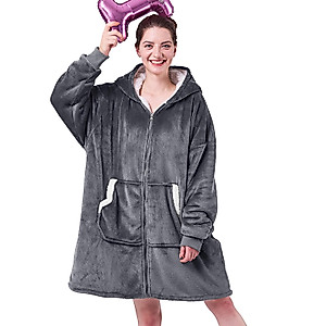 JOYWOO Kids Wearable Blanket Hoodie, Oversized Sherpa Hooded Blanket Birthday Christmas Gifts for Girl Boy, Cozy Sweatshirt Blanket with Giant Pocket and Zipper, Gray