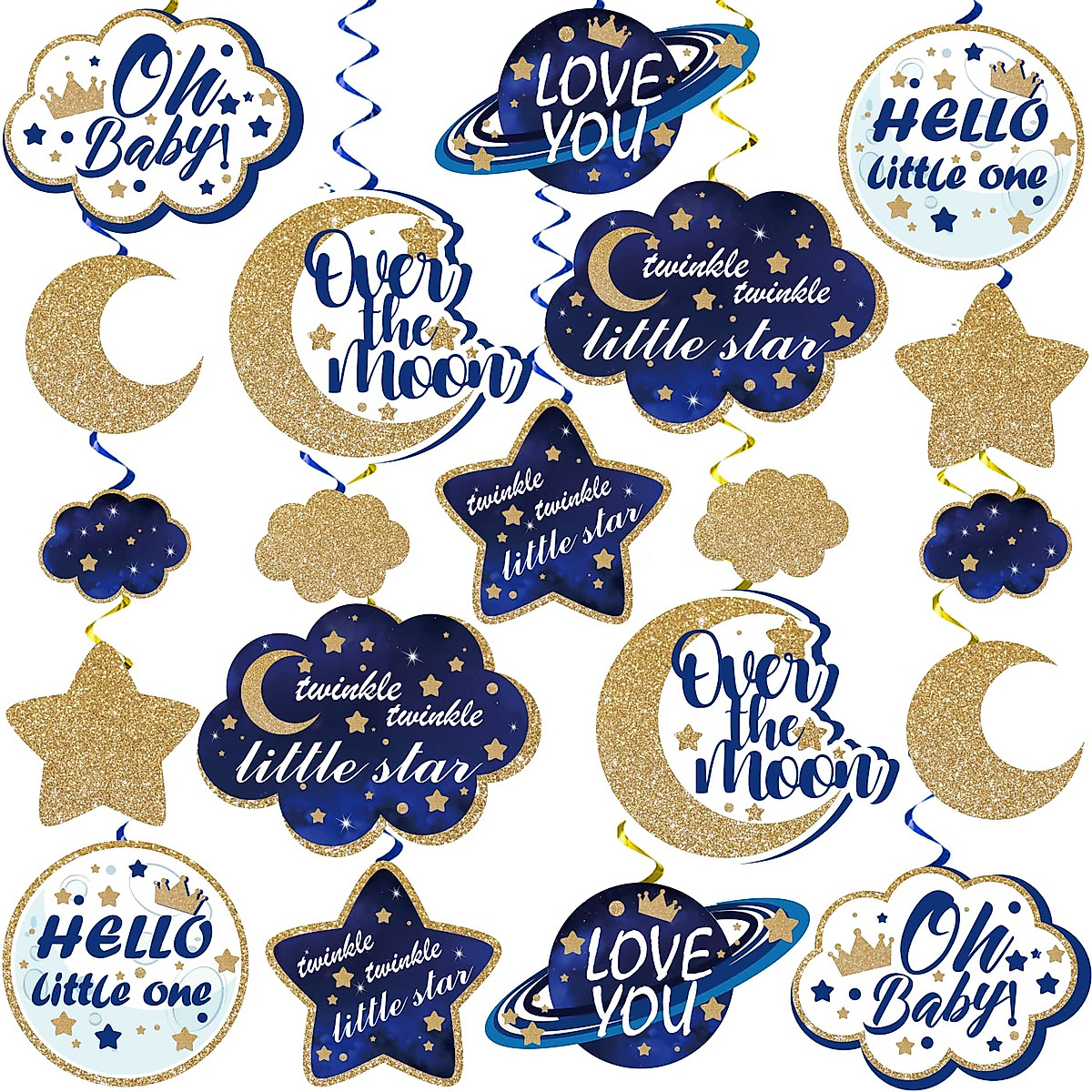 Twinkle Twinkle Little Star Baby Shower Decorations Hanging Swirls, 40 Pcs NO-DIY Over The Moon Baby Shower Decorations, Moon and Stars Baby Shower Whirls Glitter Foil Ceiling Swirls