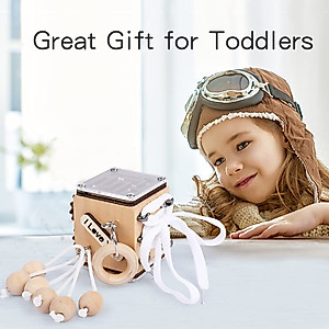 FIMIJORY Busy Cube for Toddlers 1-3 Year Old, Wooden Travel Toys for Toddlers, Busy Activity Board, Preschool Learning Toy, Lacing Beads Puzzles, 6in1 Learn to tie Shoes Toy Boys Girls