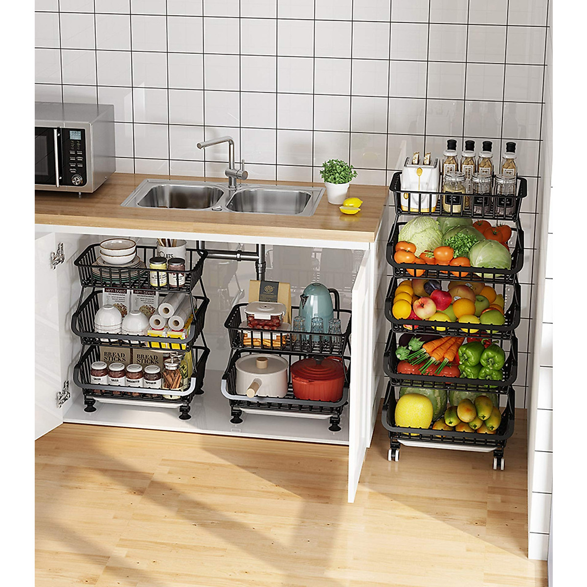 tristonsong Fruit Storage Basket, 6 Tier Rolling Stackable Vegetable Fruit Basket Utility Cart Rack, Storage Organizer Bin for Kitchen, Pantry Closet, Bedroom, Bathroom-6 tier