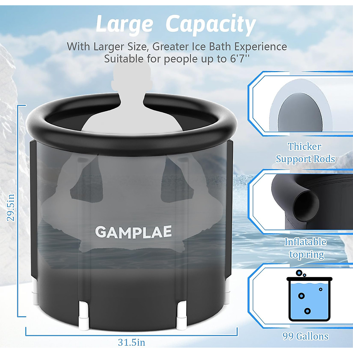 Portable Ice Bath Tub for Athletes Adults, Large 99 Gallons Ice Plunge Tub with Cover, Ice Pod Cold Bath Plunge Tub for Cold Water Therapy and Recovery, Thicken Cold Tub Ice Baths at Home & Outdoor