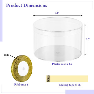 OMISTAR 16 PCS Round Acrylic Plastic Cases with Lids, 3.1 x 3.1 x 1.9 Inches Small Plastic Boxes, Transparent Clear Containers, Mini Storage Display Boxes with Glitter Ribbon for Candy Jewelry Treats