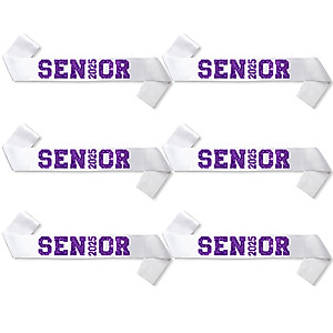 6Pcs White Senior 2025 Satin Sashes with Purple Glitter Letters- 2025 Graduation Celebrations Sashes - Senior Cheer Sash - Cheerleader Sash - Class Competition Sashes