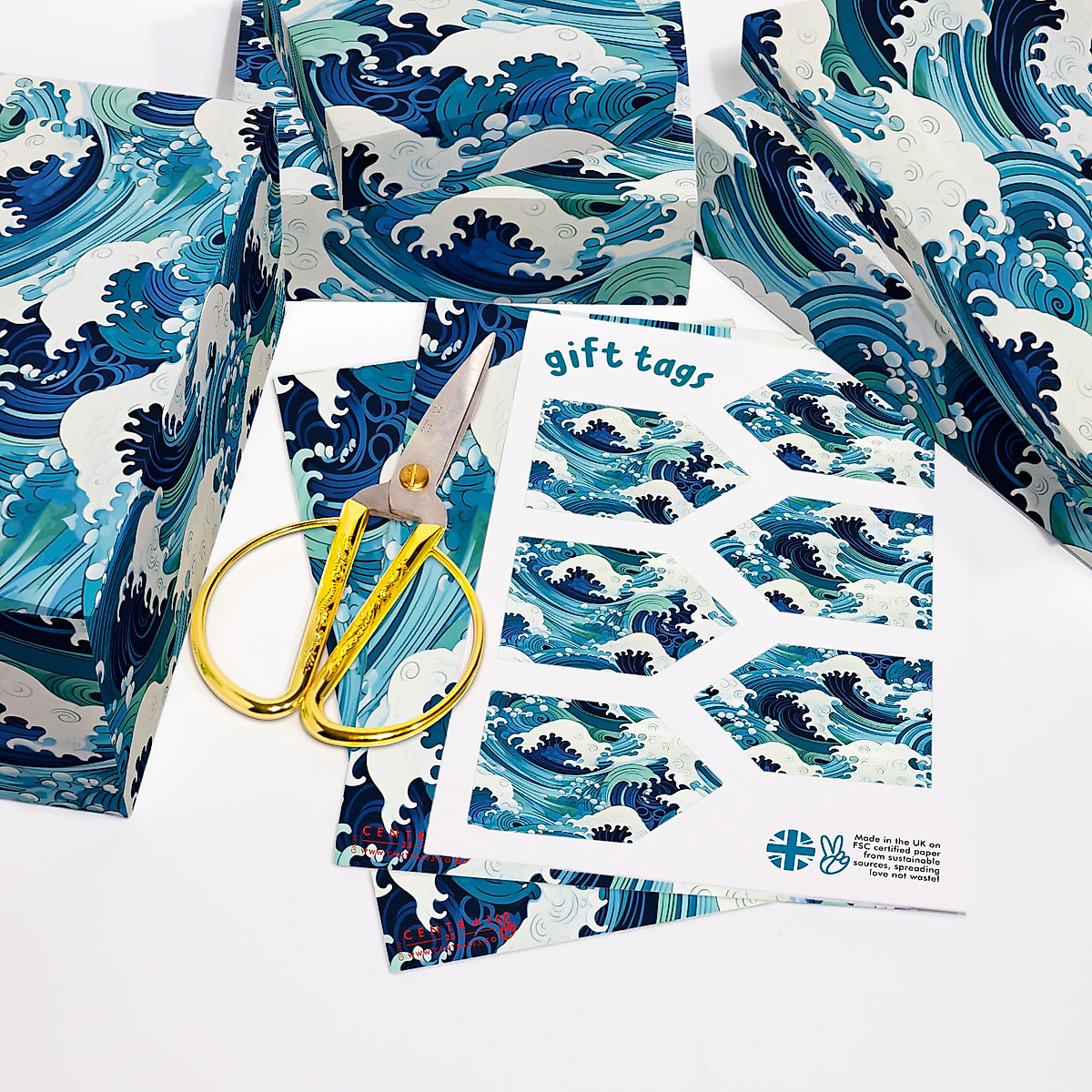 CENTRAL 23 Blue Wrapping Paper - 6 Sheets of Birthday Gift Wrap - Japanese Great Wave Inspired - Ocean Themed - For Kids Men Women - Recyclable