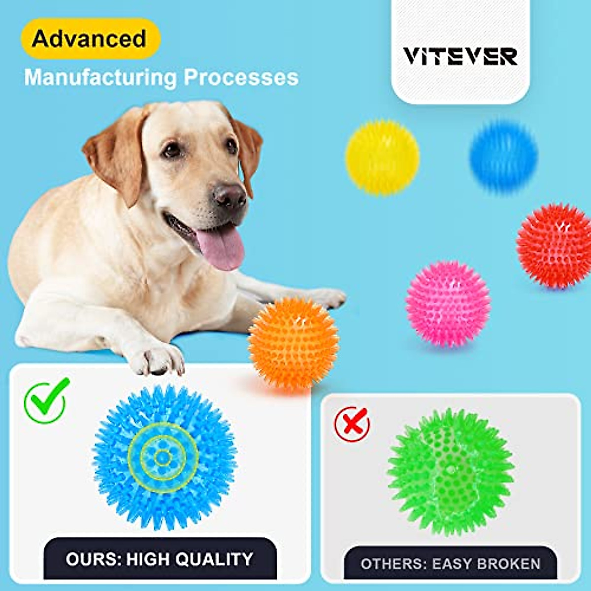 VITEVER 3.5” Squeaky Dog Toy Balls (6 Colors) Puppy Chew Toys for Teething, BPA Free Non-Toxic, Spikey Dog Balls for Medium, Large & Small Dogs, Durable Dog Toys for Aggressive Chewers