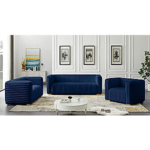 Meridian Furniture 640Navy-L Ravish Collection Modern | Contemporary Velvet Upholstered Loveseat with Deep Channel Tufting + Both Gold & Chrome Legs Included