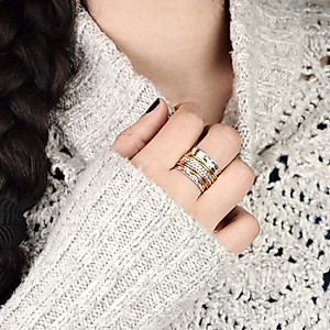 Boho-Magic 925 Sterling Silver Spinner Ring with Brass and Copper Fidget Rings for Women Wide Band (10)